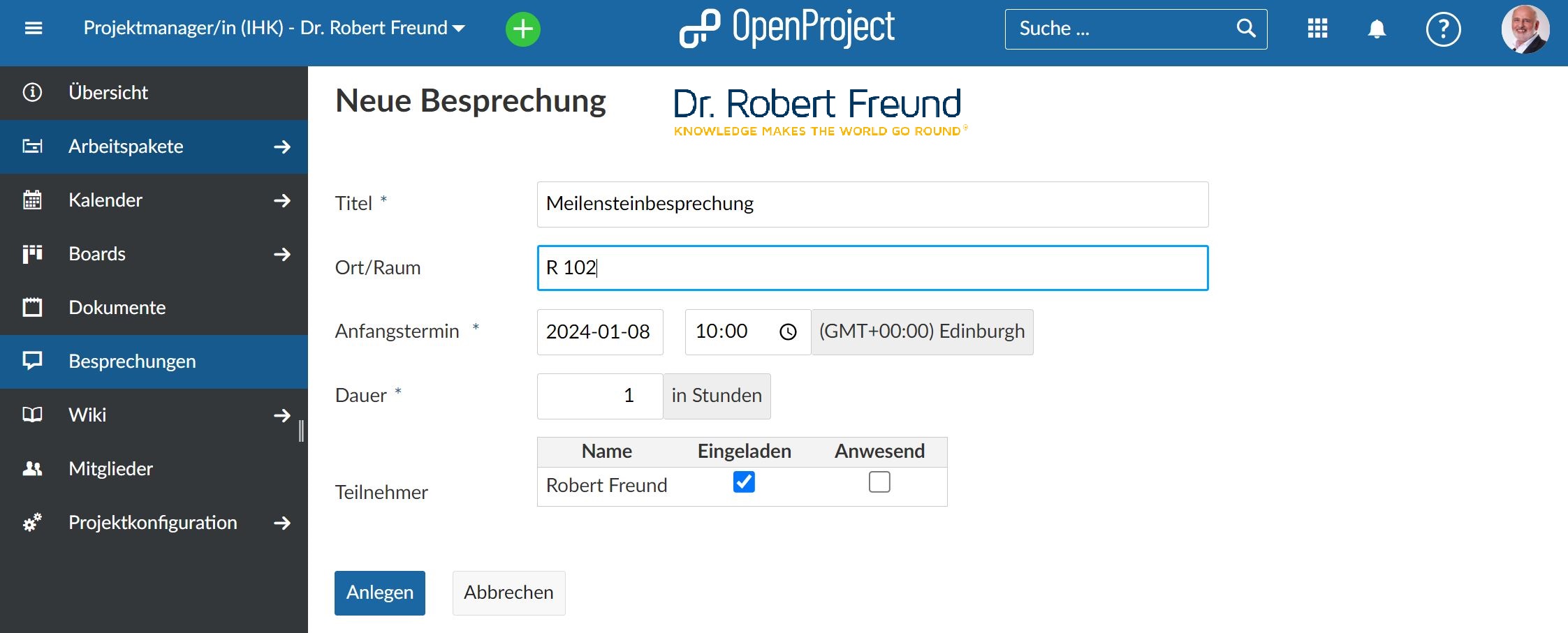 Besprechungen (Meetings) direkt in OpenProject anlegen | Dr. Robert Freund