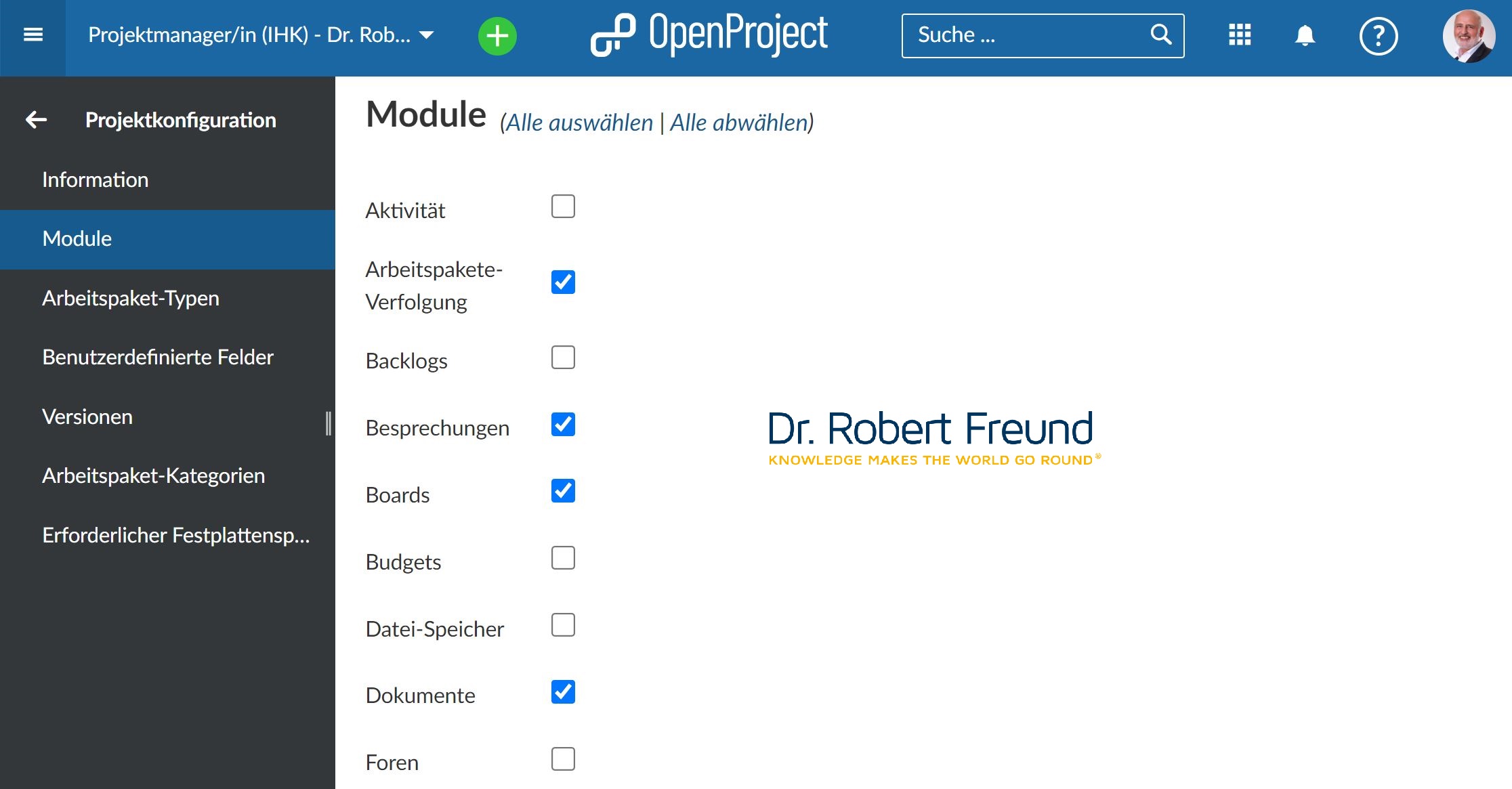 OpenProject: Geeignete Module (Apps) für das Projekt auswählen | Dr. Robert Freund